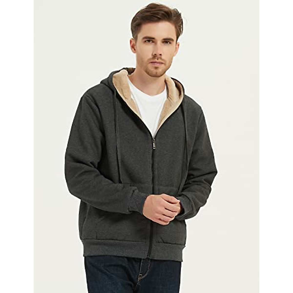 Flygo Men's Sherpa Hoodie Jacket Fleece Lined Zip Up Warm Hoodies Sweatshirt Winter Zipper Sweater Hooded Coat (Medium, Dark Grey)