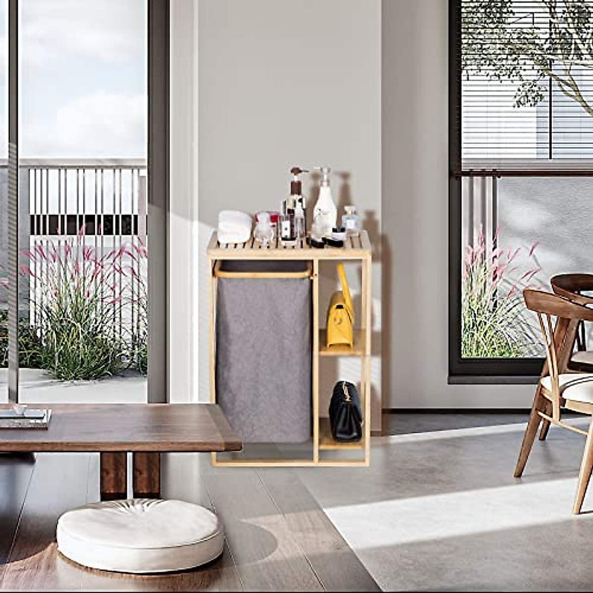 Bamboo Laundry Hamper with Compartments - Laundry Room Bamboo Storage Rack with Fabric Clothes Basket -Wooden Bamboo Laundry Organizer