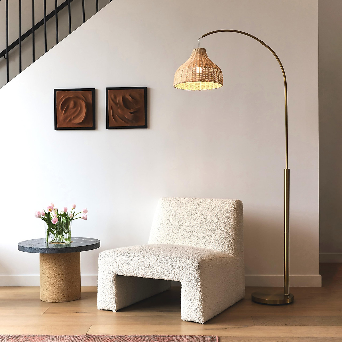 Brightech Lark Arc Lamp for Living Rooms & Offices, Floor Lamp with Unique Hanging Wicker Shade, Standing Lamp for Bedroom Reading, Tall Lamp Matches Boho and Other Living Room Decor