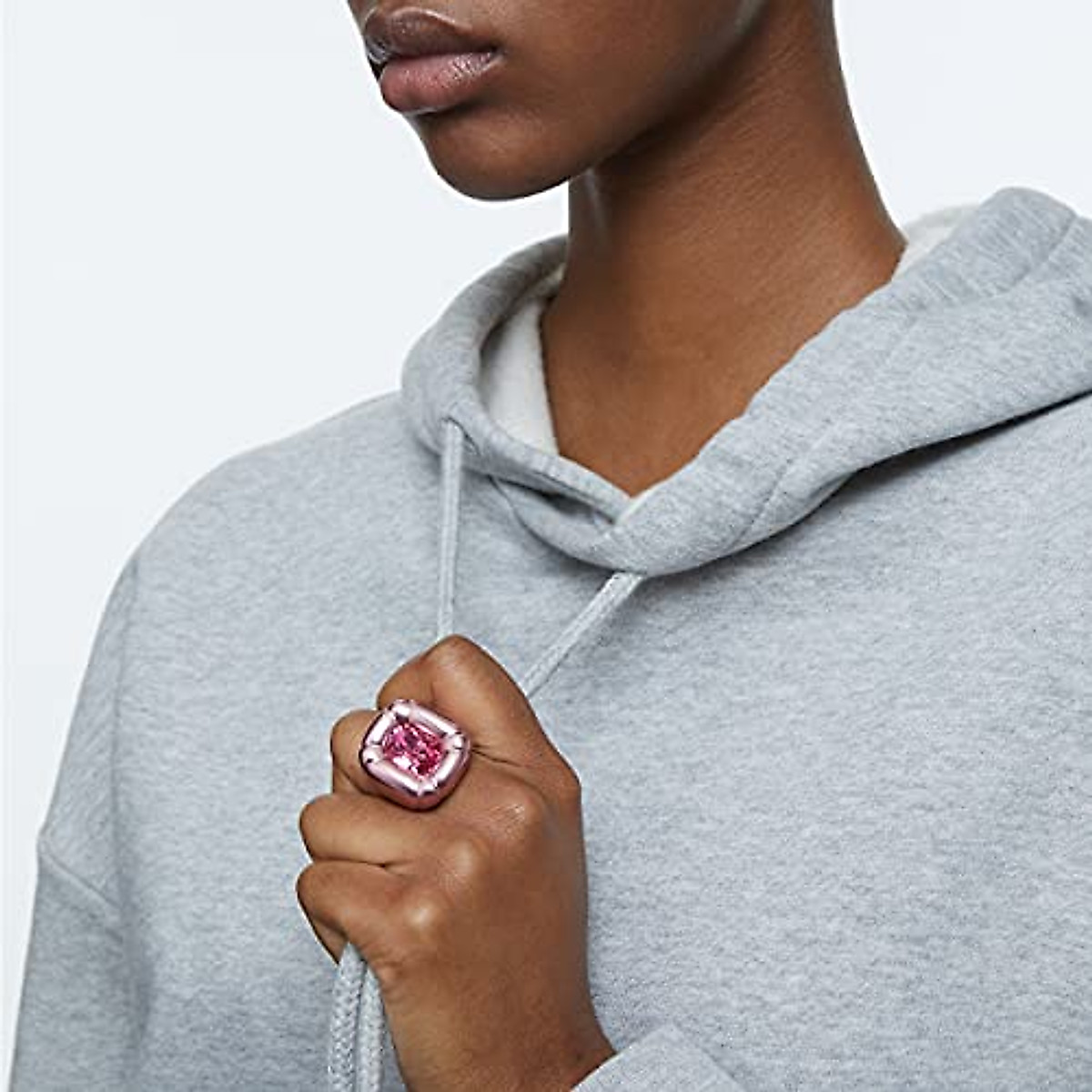 SWAROVSKI Dulcis Cocktail Ring with Pink Cushion-Cut Crystal on Iridescent Pink Aluminum Band, EU Size 50; US Size 5, Part of the Dulcis Collection