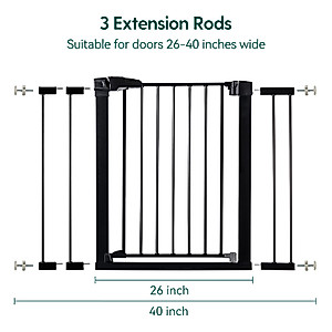BABELIO 26-43 Inch Easy Install Extra Wide Pressure Mounted Metal Baby Gate, No Drilling, No Tools Required, with Wall Protectors and Extenders (Black)