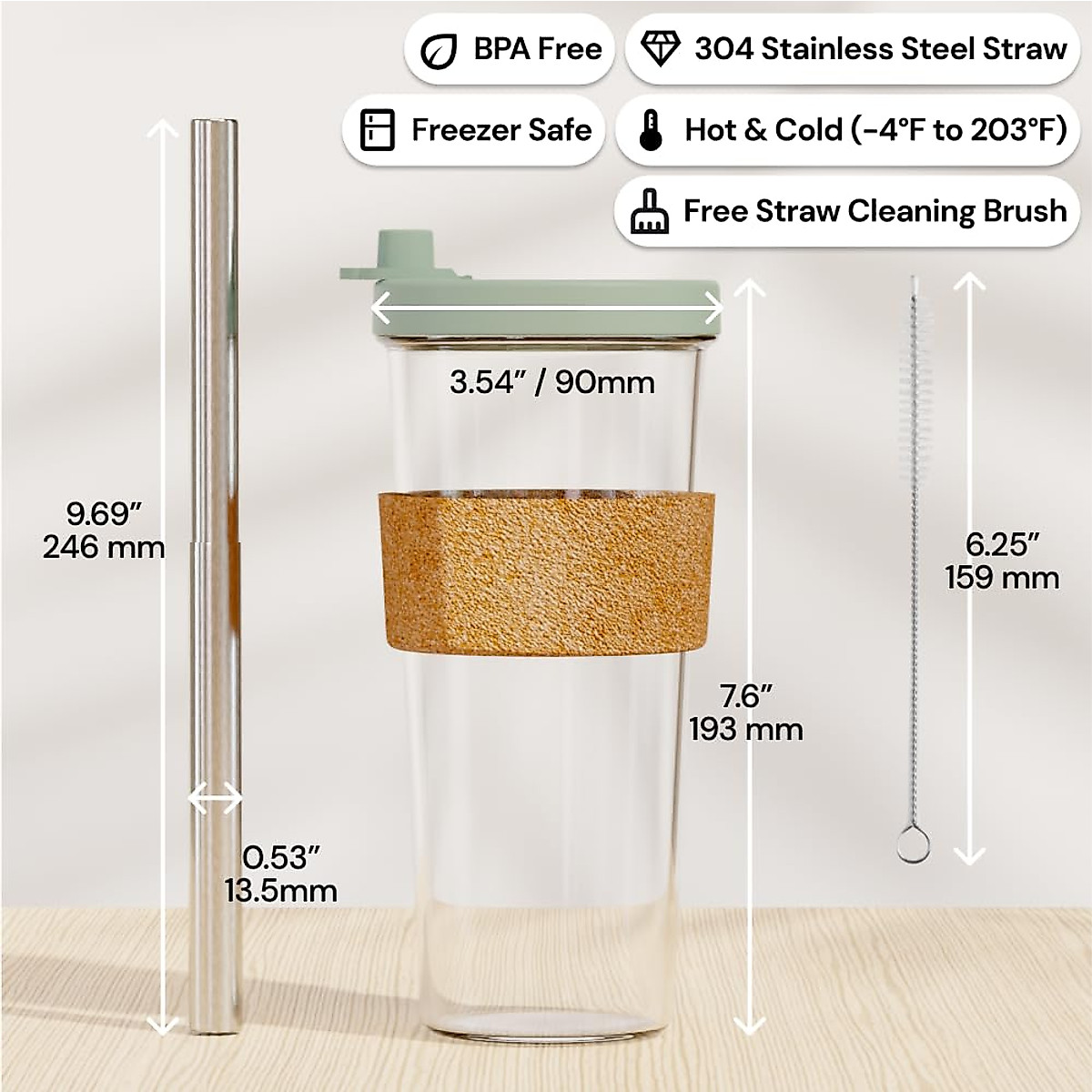 Dodoko Reusable Boba Cup and Straw Boba Tea Cup Bubble Tea Cup Reusable Iced Coffee Cup Cold Coffee Cup Smoothie Cup with Lid and Straw Smoothie Cup to go Smoothie Tumbler 24 oz - Sage Green