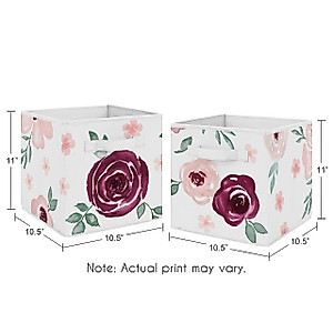 Sweet Jojo Designs Burgundy Watercolor Floral Foldable Fabric Storage Cube Bins Boxes Organizer Toys Kids Baby Childrens - Set of 2 - Blush Pink Maroon Wine Rose Green Shabby Chic Flower Farmhouse