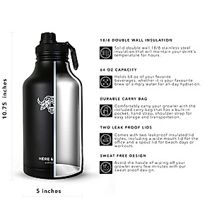 Growler for Beer & Water | 64 oz Double Wall Vacuum Insulated Stainless Steel Thermos Bottle | Jug for Hot & Cold Beverages | Carry Case with Pocket Included | by Here & Now Supply Co. (Black)