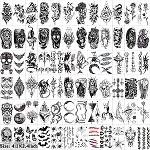 Hotoyannia 82 Sheets Large-Size Black Temporary Tattoos Stickers, Includes 10 Large-Size Fake Tattoos That Look Real and Last Long, Halloween Tattoos Include Wolf Lion Tiger Skeleton Skull Tattoos