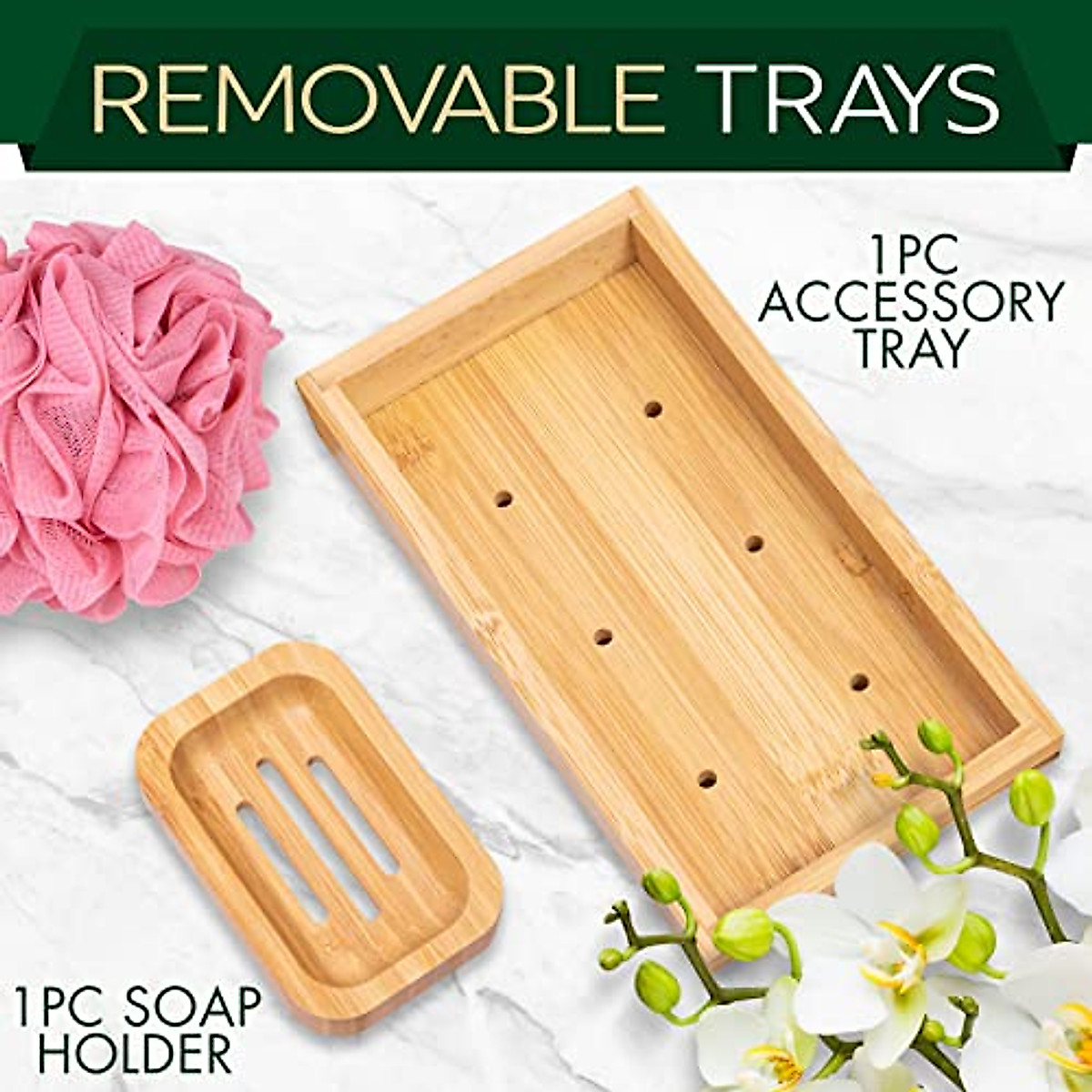 SereneLife Luxury Bamboo Bathtub Caddy, Extendable & Adjustable Tray with Device/Book Holder, Removable Trays for Bath Accessories (Natural)