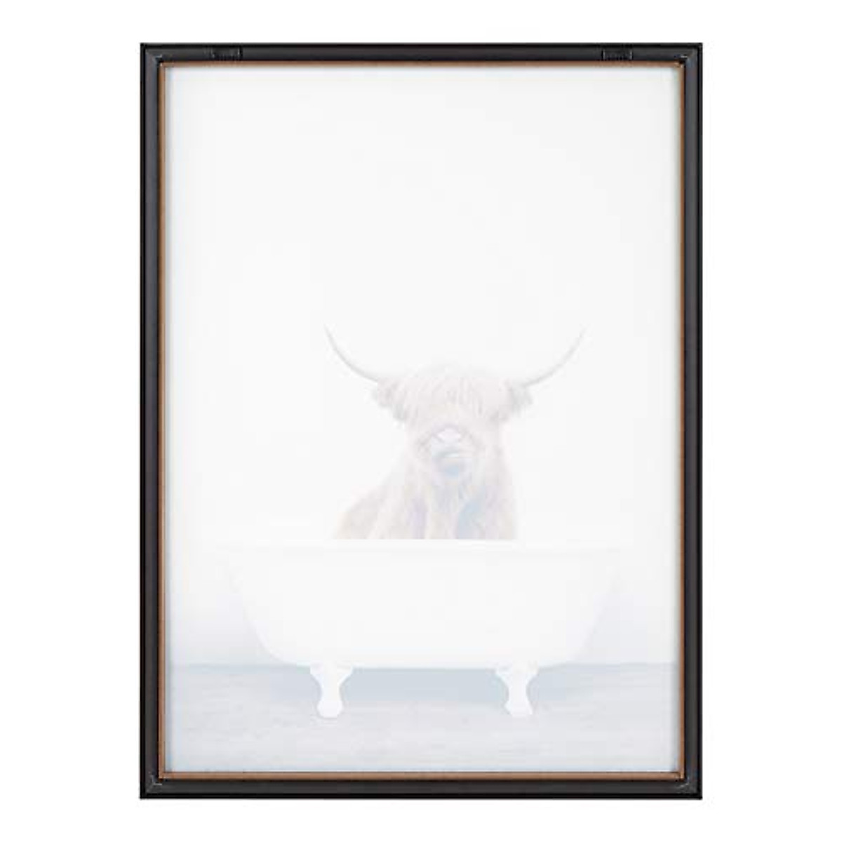 Kate and Laurel Blake Highland Cow in Tub Framed Printed Glass Art by Amy Peterson, 18x24 Dark Gold, Beautiful Modern Glass Wall Art for Home