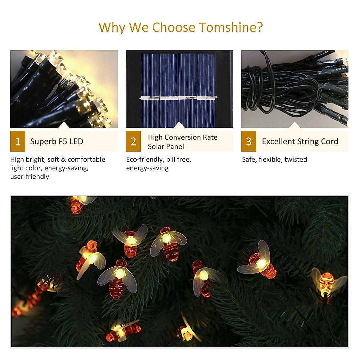 Tomshine Upgraded Solar String Lights Outdoor Waterproof 50 LED Solar Bee Fairy Lights 22.6ft 8 Lighting Modes with Control & Sensitive Light Sensor for Garden, Patio, Yard, Lawn (Warm White)