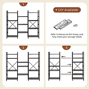 SUPERJARE Triple 5 Tier Bookshelf, Bookcase with 14 Open Display Shelves, Ladder Bookshelf, Wide Book Shelf Book Case with Steel Frame, Wood Board, for Home & Office, Dark Brown