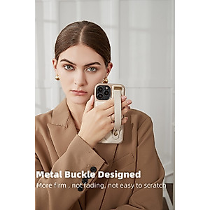 ZVE for iPhone 15 Pro Kickstand Case Quilted Leather Cover, Shockproof Case with Stand for Women Strap Case Compatible with iPhone 15 Pro, 6.1 inch-Beige