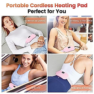 Portable Cordless Heating Pad, Heating Pads for Cramps with 3 Heat Levels and 4 Massage Modes, Mini Electric Wireless Menstrual Cramp Relief Heating Pad for Women and Girls, Pink