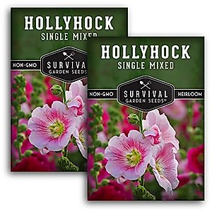 Survival Garden Seeds - Single Mixed Hollyhock Seed for Planting - 2 Packs with Instructions to Plant and Grow Colorful Spikes of Flowers in Your Home Vegetable Garden - Non-GMO Heirloom Variety