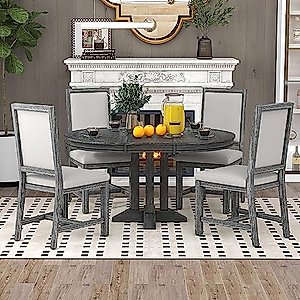 Dinehome 5-Piece Wood Round Extendable Table Set for 4 with Four Upholstered Chairs, for Dining Room, Black