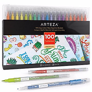 ARTEZA Dual Tip Brush Markers, Set of 100, Art Markers with Fine and Brush Tips, Dual Tip Pens for Adult Coloring, Calligraphy, Sketching, Doodling