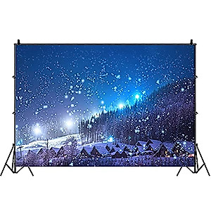 Leowefowa 5X3FT Christmas Backdrop Rustic Village Night View Forest Trees Snowing Shining Lights Blue Sky Winter Xmas Vinyl Photography Background Kids Children Newborn Photo Studio Props