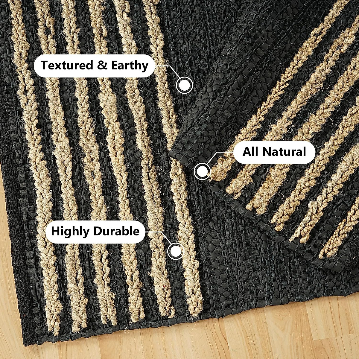 GRUHUM Jute Area Rug 4x6 ft Black Natural Leather Handmade Boho Farmhouse Rustic Vintage Eco Friendly Soft Braided Rug for Indoor Kitchen Bedroom Living Room Hallways Enterways 4'x6' ft Rectangle