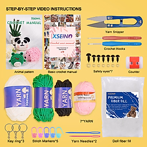 XSEINO Crochet Kit for Beginners - Crochet Start Kit with Step-by-Step Video Tutorials - Learn to Crochet Kits for Adults and Kids - Panda, Frog, Hedgehog