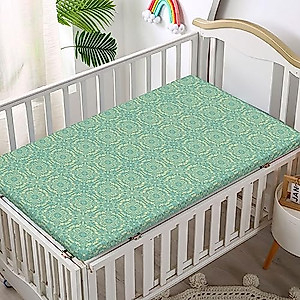 Damask Themed Fitted Crib Sheet,Standard Crib Mattress Fitted Sheet Toddler Bed Mattress Sheets - Baby Crib Sheets for Girl or Boy,28“ x52“,Pale Teal and Cream