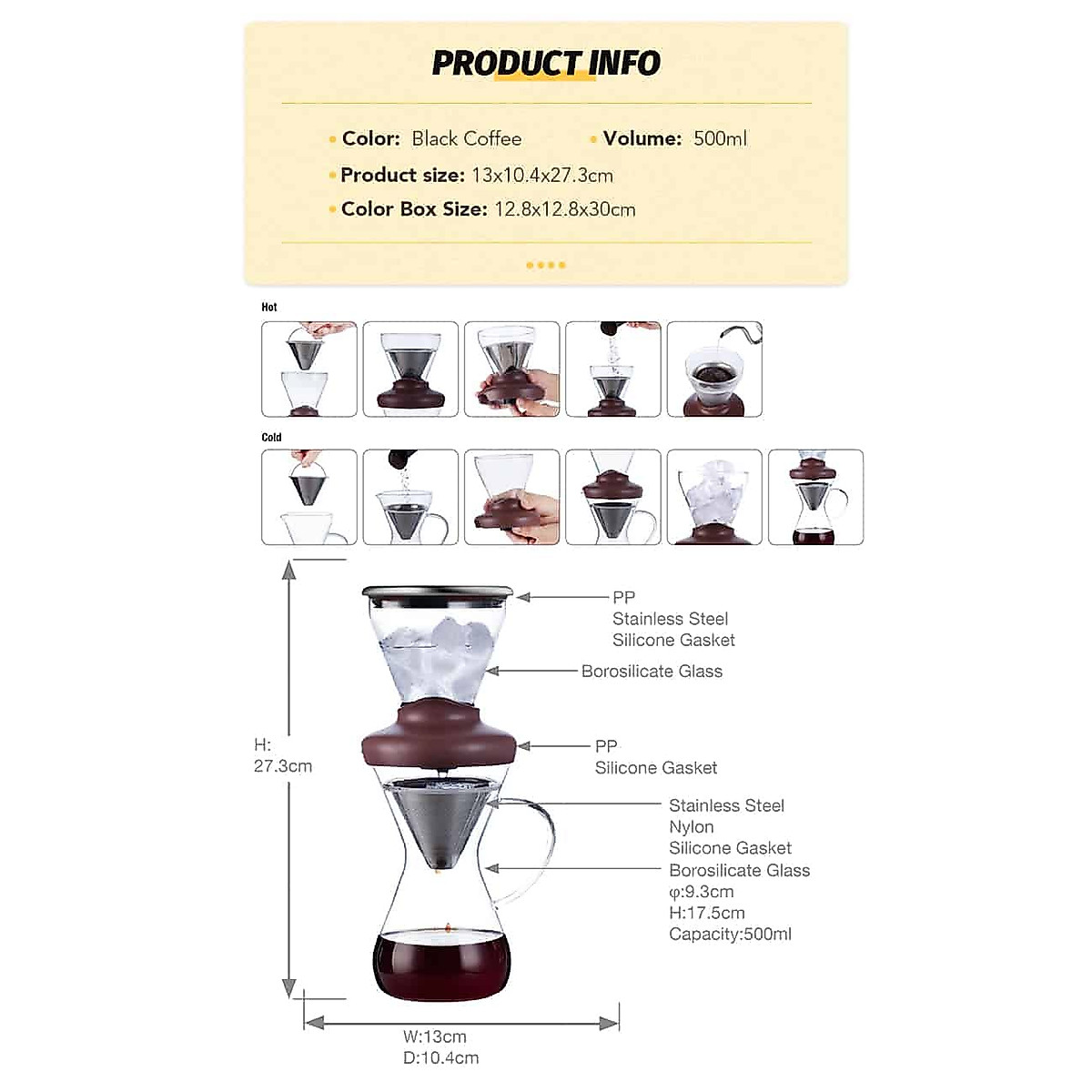 Mr Towels Deluxe Cold Brew Coffee Maker with Removable Stainless Steel Filter (Hot/Cold Coffee Brew 14oz)