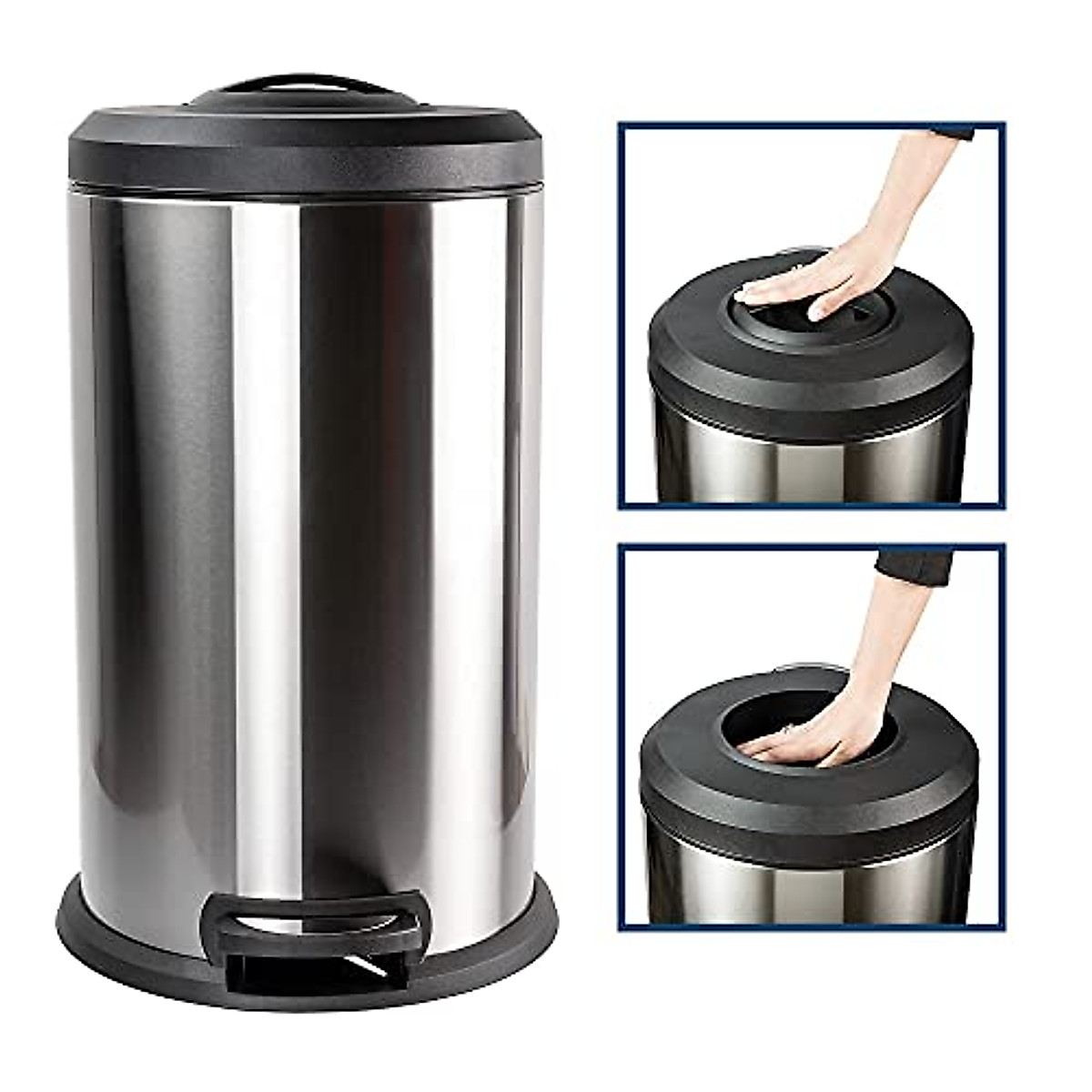 Stainless Steel Premium Trash Garbage Wastebasket Bin + Built in Compression System - 40L/13Gallon