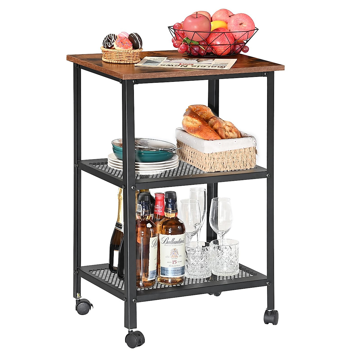 RokiaTek Bar Serving Cart Rolling Kitchen Cart on Wheels 3-Tier Storage Cart with Lockable Wheels, Standing Baker's Racks with Shelves and Steel Frame, Rustic Brown and Black