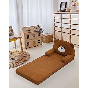 MOONBEEKI Comfy Toddler Chair, Kids Couch Fold Out to Lounger, Foldable Baby Sofa Plush for Girl and Boy Age 18 Months and Up （ Brown Bear）