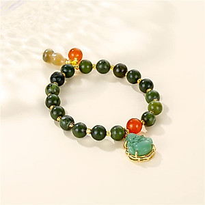 COLORFUL BLING Lucky Laughing Buddha Charm Pendant Strand Bracelet Jade Natural Stone Beaded Cubic Zirconia Elastic Stretch Bangle for Women Men Gemstone Amulet Protection Jewelry-Green