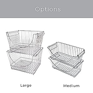 Smart Design Stacking Baskets with Handles - Set of 2 Large - Steel Metal Wire - Fruit Produce and Vegetable Safe Storage Bin Organizer - Pantry Counter Stand Rack - 12.5 x 8.5 Inch - Chrome