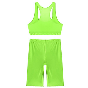 YiZYiF Women Glossy 2 Piece Set Yoga Crop Top Shorts Set Outfits Sleeveless Tracksuit Workout Set Fluorescent Green X-Large