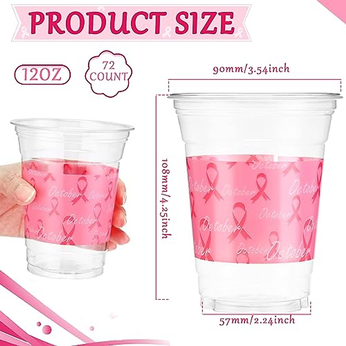 Nuenen 72 Pcs 12 oz Breast Cancer Awareness Clear Disposable Plastic Cups Pink Ribbon Breast Cancer Decorations for Believe Hope Ribbon Printed Party Drinking Cups for Tableware Supply (Pink)