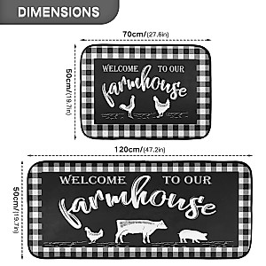 White Plaid Buffalo Farmhouse Rooster Kitchen Rugs and Mats Set 2 Piece Non Slip Washable Runner Rug Set of 2 for Kitchen Sink Floor Home Decor Laundry Welcome