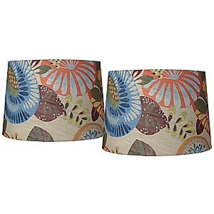 Set of 2 Tapered Drum Lamp Shades Multi Color Tropic Abstract Floral Medium 14" Top x 16" Bottom x 11" Slant Spider with Replacement Harp and Finial Fitting - Springcrest