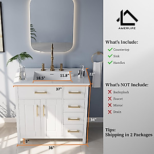 AMERLIFE 36" Bathroom Vanity with Sink Combo, Modern Undermount Small Single Bathroom Cabinet Set, Includes 37" Countertop & Integrated Sink, Soft Closing Doors, Bathroom Dresser White
