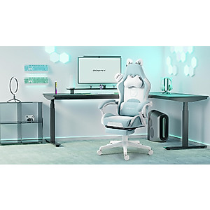 Dowinx Gaming Chair Cute with Cat Ears and Massage Lumbar Support, Ergonomic Computer Chair for Girl with Footrest and Headrest, Comfortable Reclining Game Chair 290lbs for Adult, Teen, Blue Green