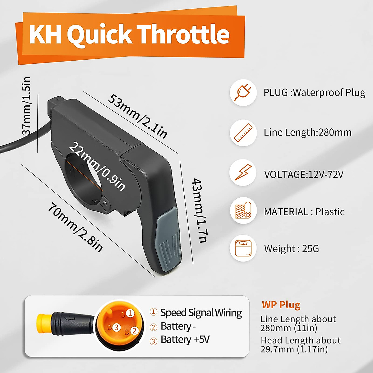 HUDAMZKY Ebike Quick Installation Thumb Throttle Compatible Left/Right Hand 36V/48V 60V/72V Electric Scooter Motor Throttle for Electric Bike Accessories(Waterproof Plug)