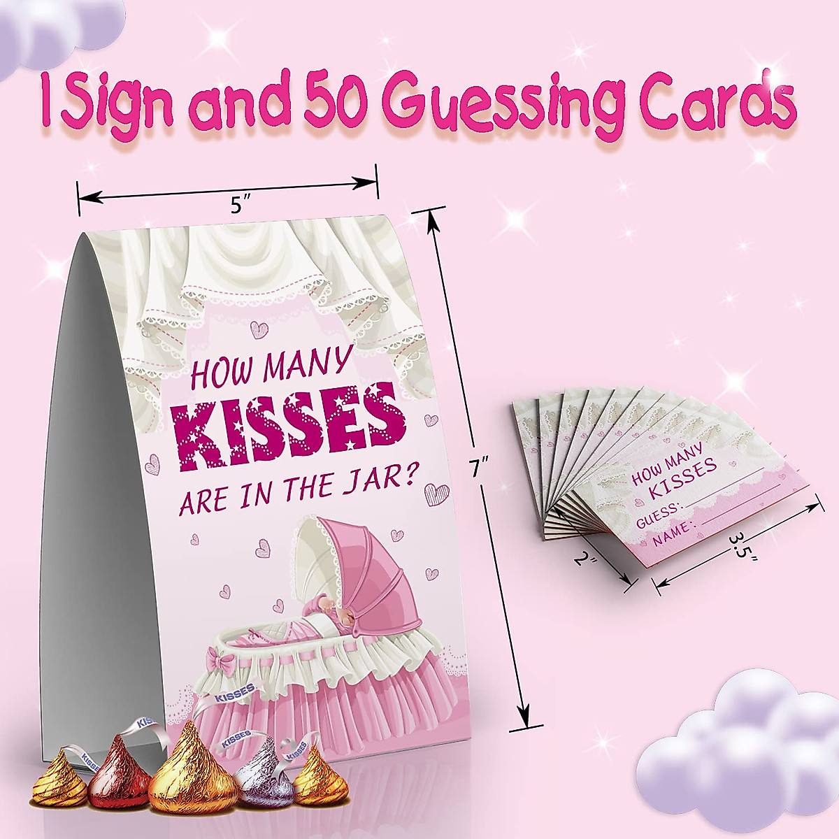 How Many Kisses Baby Shower Game, Baby Shower Game for Girl -1 Sign and 50 Guessing Cards(K01)