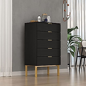 FAMAPY Chest of Drawers 5-Drawer Dresser with Straight Gold Metal Legs, Wood Storage Chest Drawer Organizer Large Storage for Bedroom Black (23.6”W x 15.7”D x 41.1”H)
