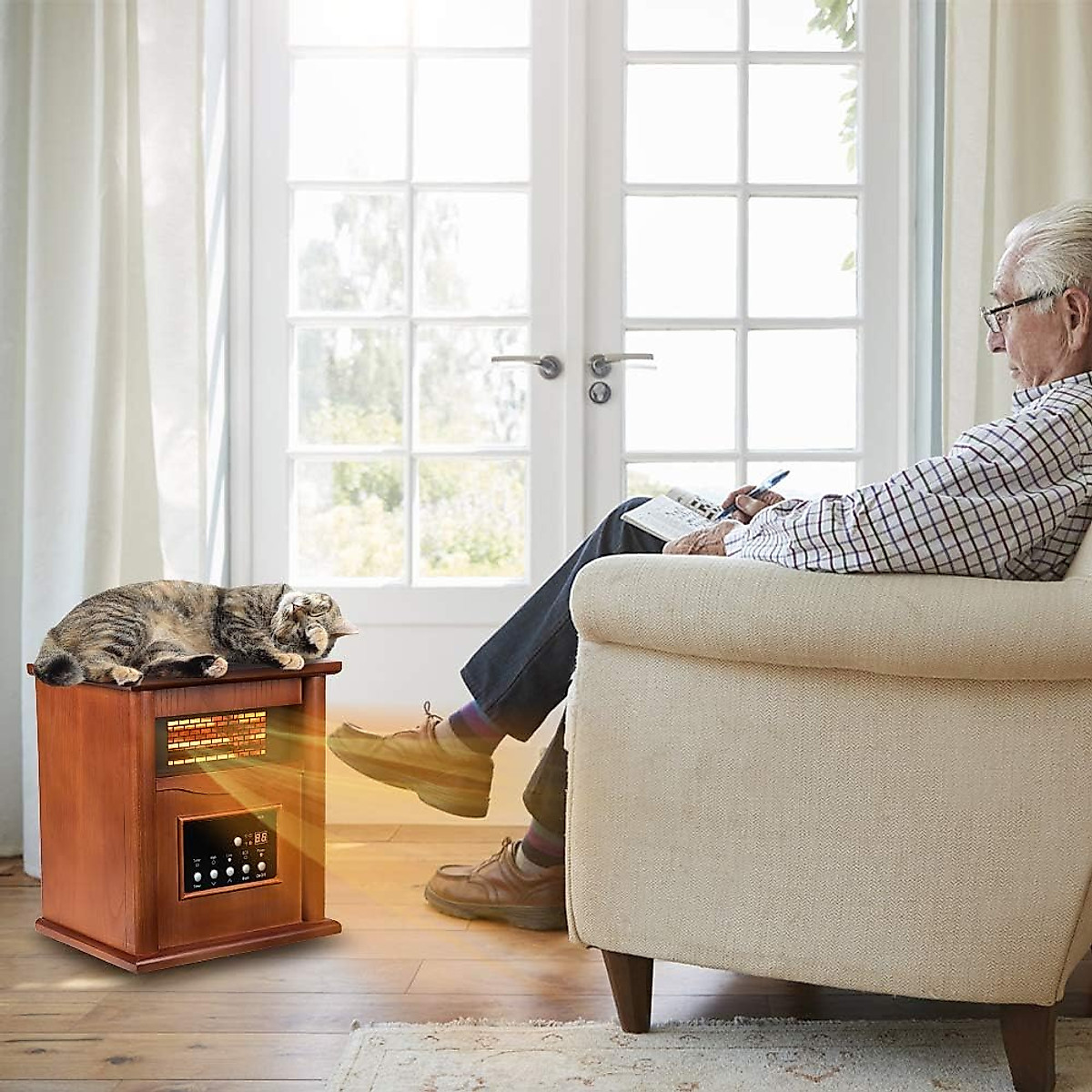 Electric Infrared Space Heater, Quartz Heater for Indoor Use, Tip-Over & Overheat Protection with Remote Control, 3 Heat Settings, 12H Timer, 1500W for Large Room Basement Heating