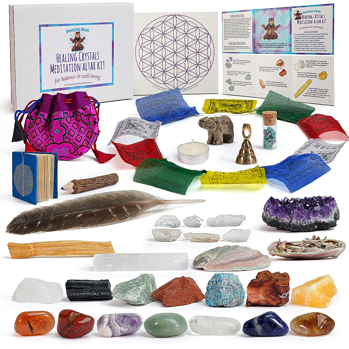 DANCING BEAR Deluxe Healing Crystals (35 Pc Set) Altar & Meditation Kit, Chakra Balance Stones, Abalone Shell & Sage, Smudge Feather, Real Turquoise, Spirit Animal, Bell, Prayer Flag, Made in USA