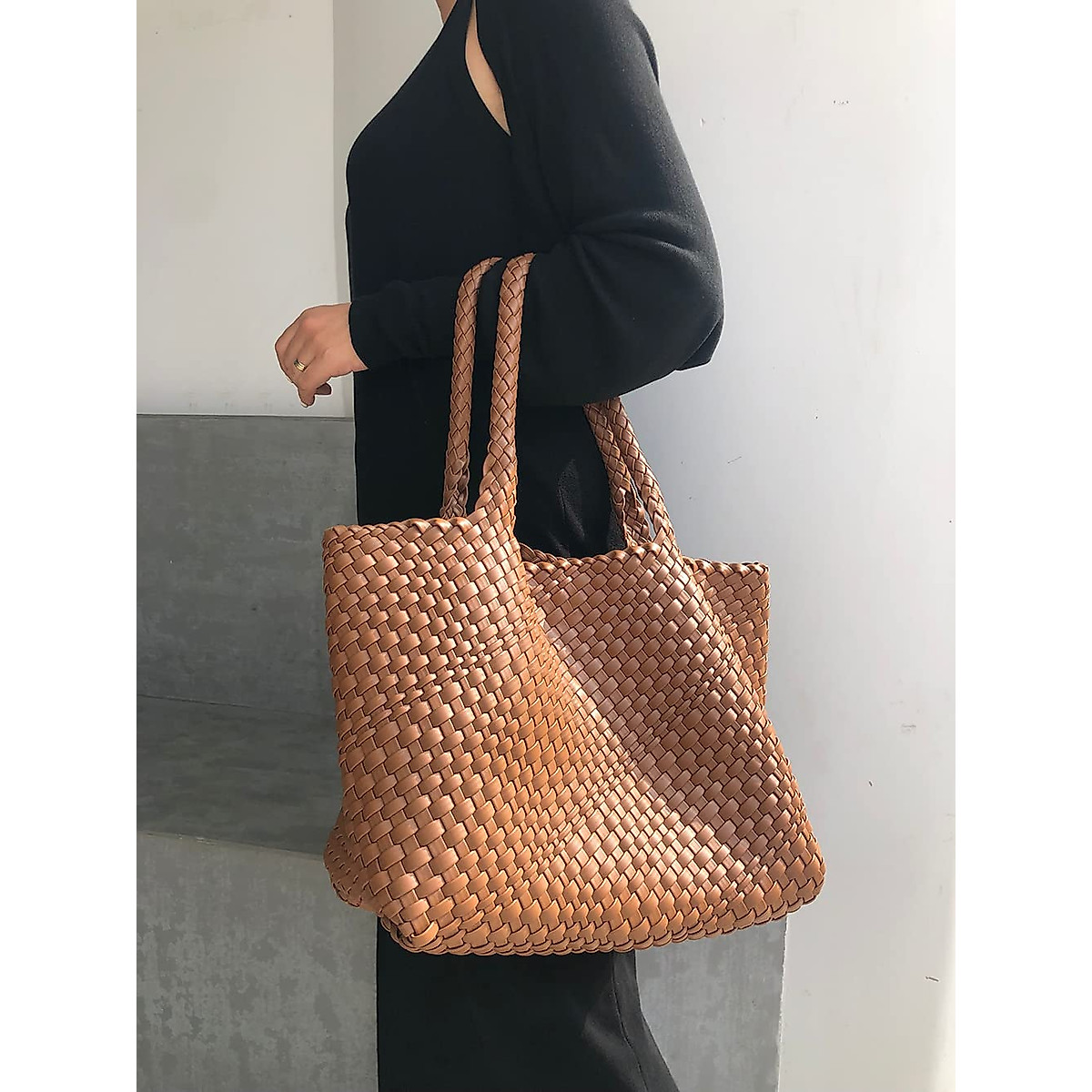 Brown Vegan Leather Woven Tote Bag for Women - Large Beach Bag with Small Purse, Handmade Top-handle Travel Handbag