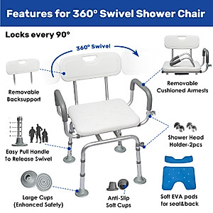 360° Swivel Shower Chair with Back and Arms,Rotating Swivel Bath Chair Handicap Shower Chair with Cold-Proof Pads, Support 340lbs,Tools-Free Assemble,Swivel Shower Chair for Inside Shower