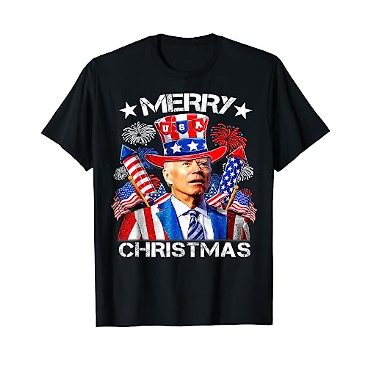 Funny Joe Biden Merry Christmas 4th Of July Firework USA T-Shirt