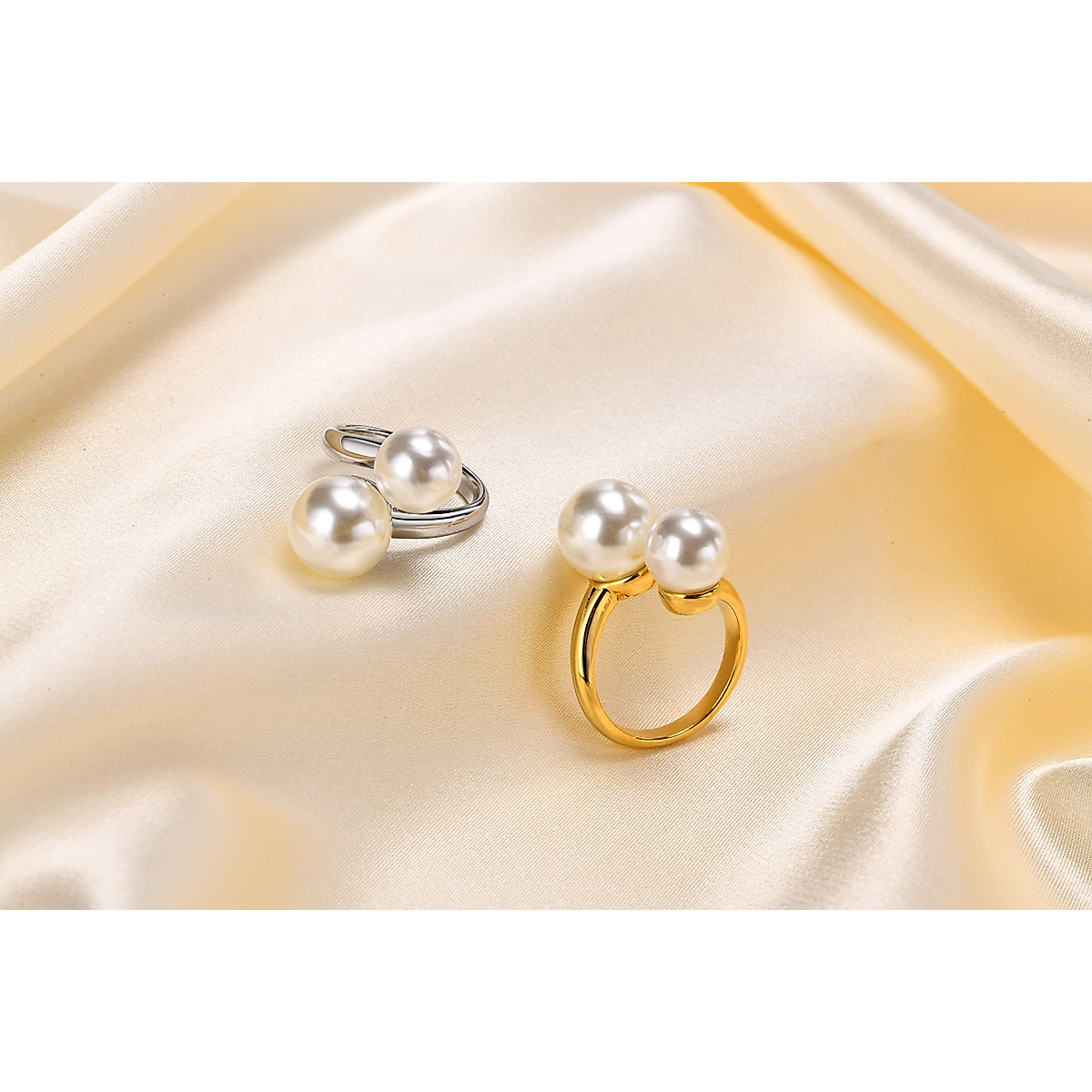 Double Simulated Pearl Wrap Ring: Gold Plated Stainless Steel Large Statement Ring for Women, Size 7