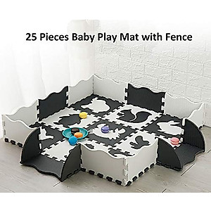 Nicunom 25 Pieces Foam Play Mat with Fence, 0.39 inch Thick EVA Interlocking Foam Floor Tiles with 9 Animal Patterns, Thick Playroom & Nursery Decor Playmat for Infants Toddler Kids