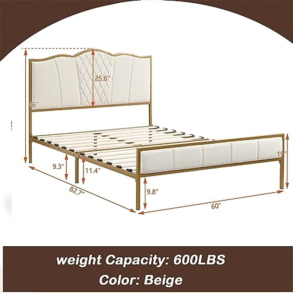 Queen Size Platform Bed Frame with Upholstered Headboard, Platform Bed Frame with Metal Frame & Sturdy Wood Slat Support, No Box Spring Needed for Bedroom Family Furniture Boys Girl (Queen, Beige)
