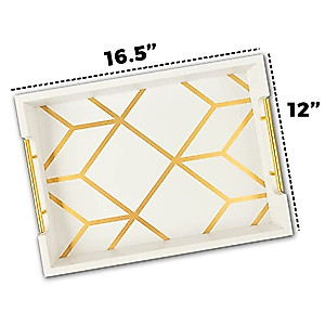 White & Gold Coffee Table Serving Tray with Handles - 16.5 x 12 - Wooden Decorative Ottoman Tray for Serving Food