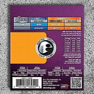 Elixir Strings, Acoustic Guitar Strings, Phosphor Bronze with NANOWEB Coating, Longest-Lasting Rich and Full Tone with Comfortable Feel, 6 String Set, Light 12-53