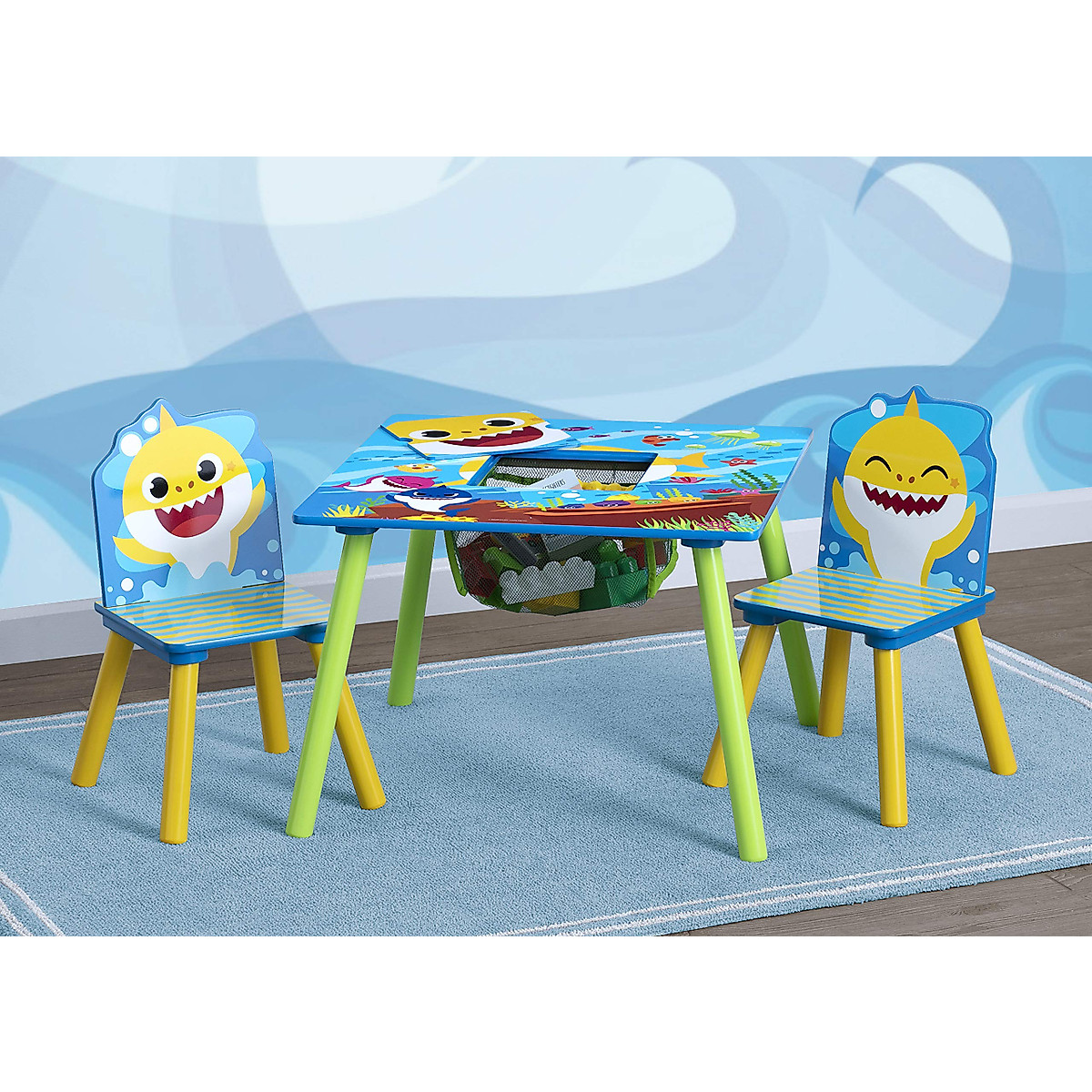 Delta Children Kids Table Storage (2 Chairs Included) -Ideal for Arts & Crafts, Snack Time, Homeschooling, Homework & More, Baby Shark, 3 Piece Set