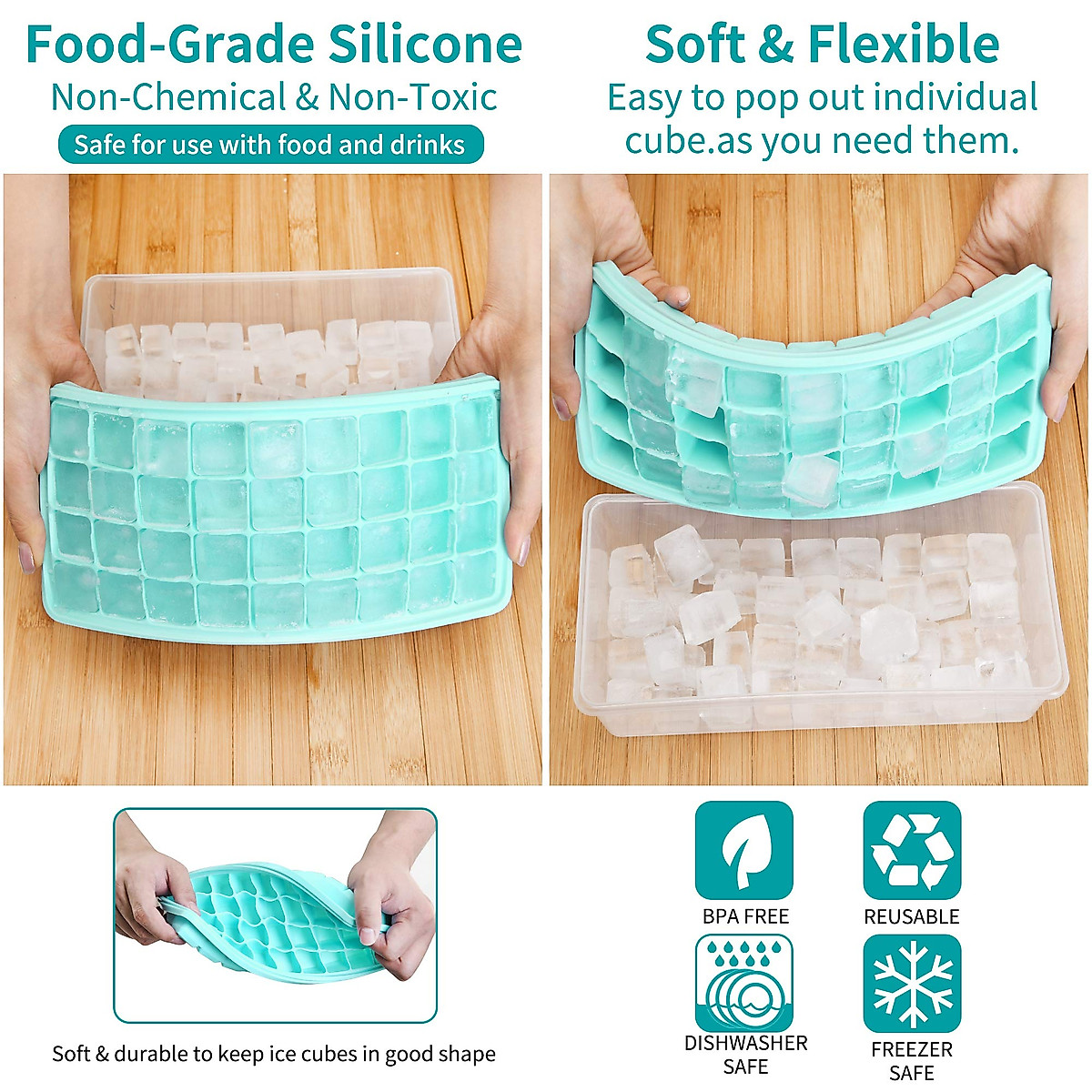 Food-grade Silicone Ice Cube Tray with Lid and Storage Bin for Freezer, Easy-Release 36 Small Nugget Ice Tray with Spill-Resistant Cover&Bucket, Flexible Ice Cube Molds with Ice Container, Scoop Cover