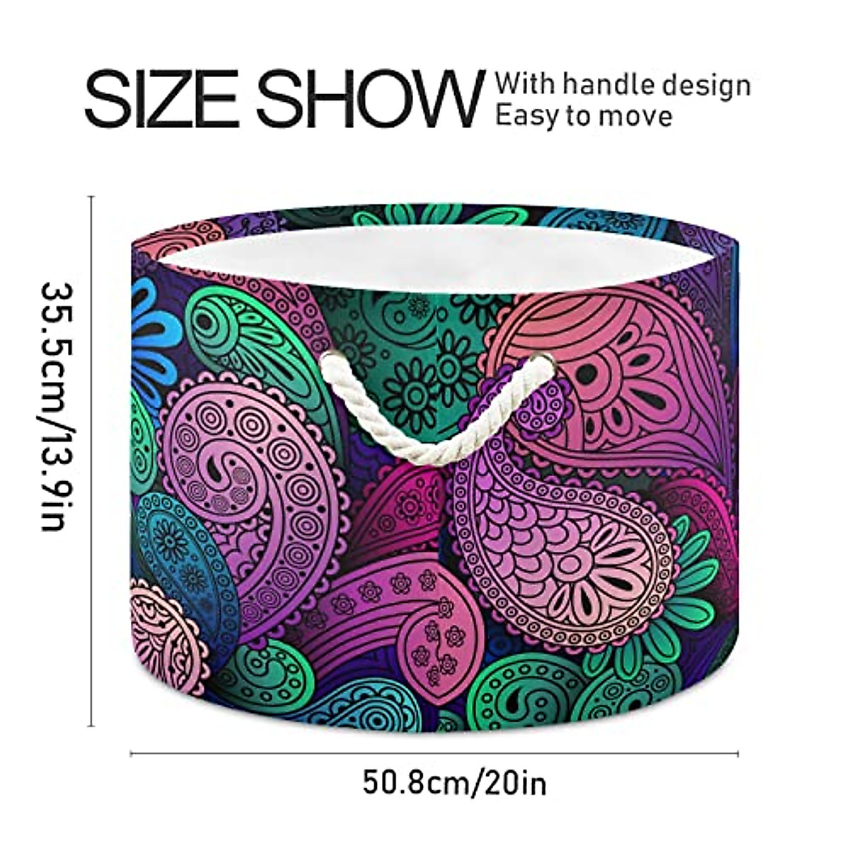ALAZA Rainbow Paisley Indian Ethnic Storage Basket Gift Baskets Large Collapsible Laundry Hamper with Handle, 20x20x14 in